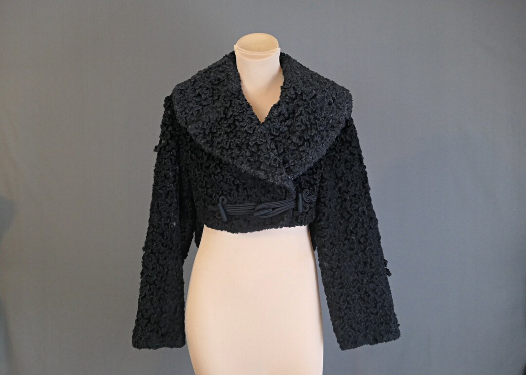 Vintage Black Curly Wool Short Jacket 1930s, Damaged but Fixable, 36 ...