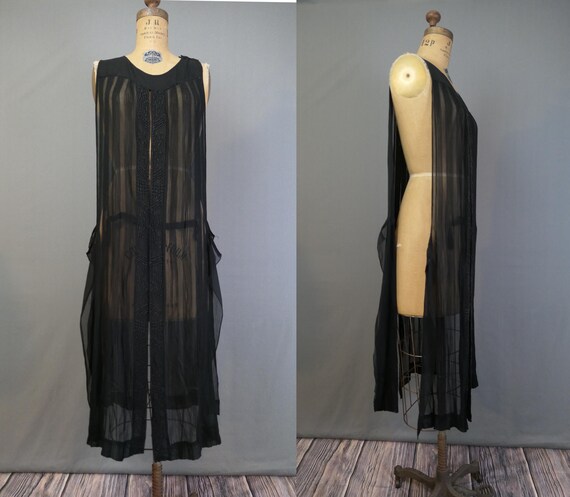 Vintage 1920s Sheer Black Over Dress, Beaded & Slit S… - Gem