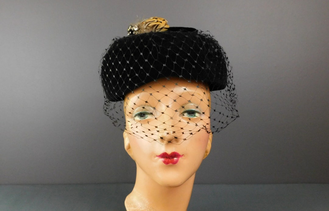 Vintage 1950s Black Velour Hat With Pheasant Feathers and Veil, Doris ...
