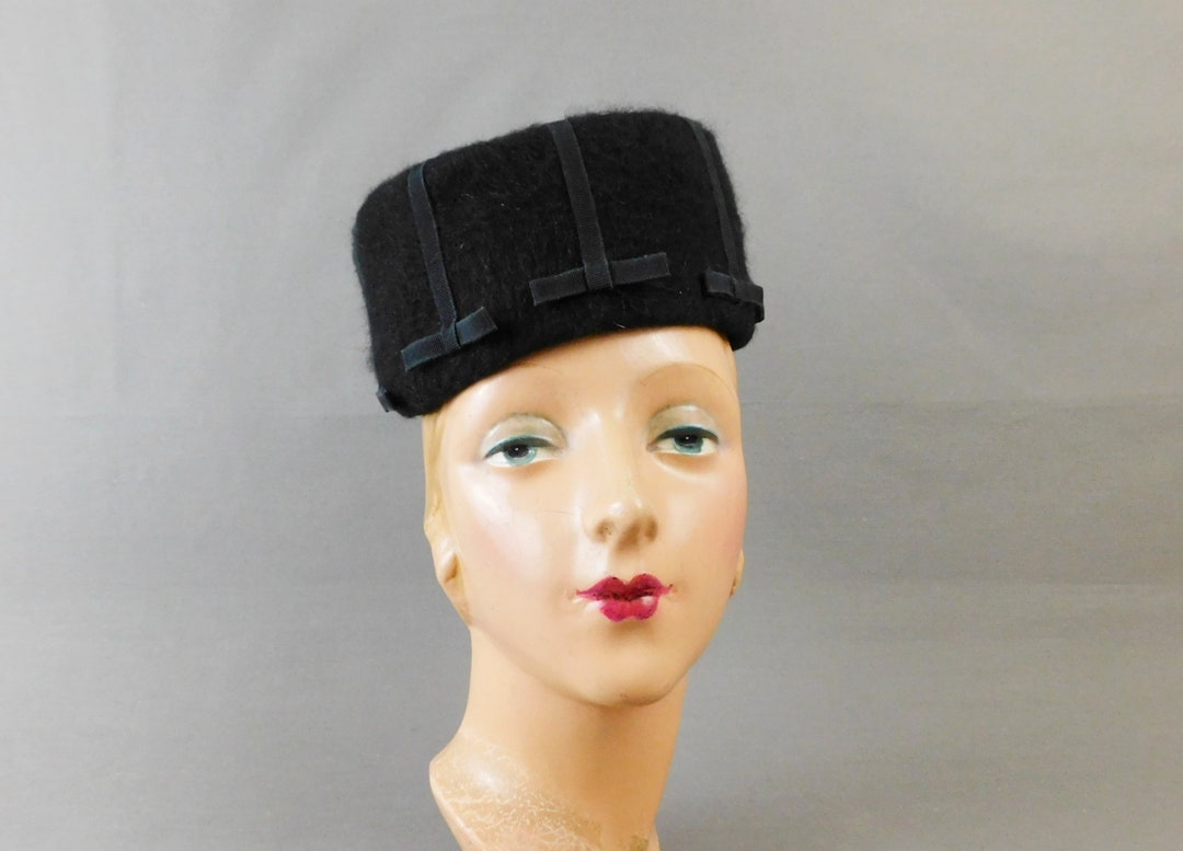 Vintage Black Fuzzy Felt Hat Toque With Ribbon and Bows, 1960s, 21 Inch ...