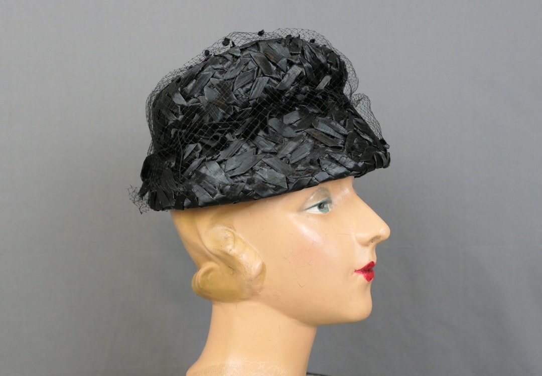 Vintage 1960s Black Raffia Bucket Hat: Velvet Bows, Chenille Dot ...