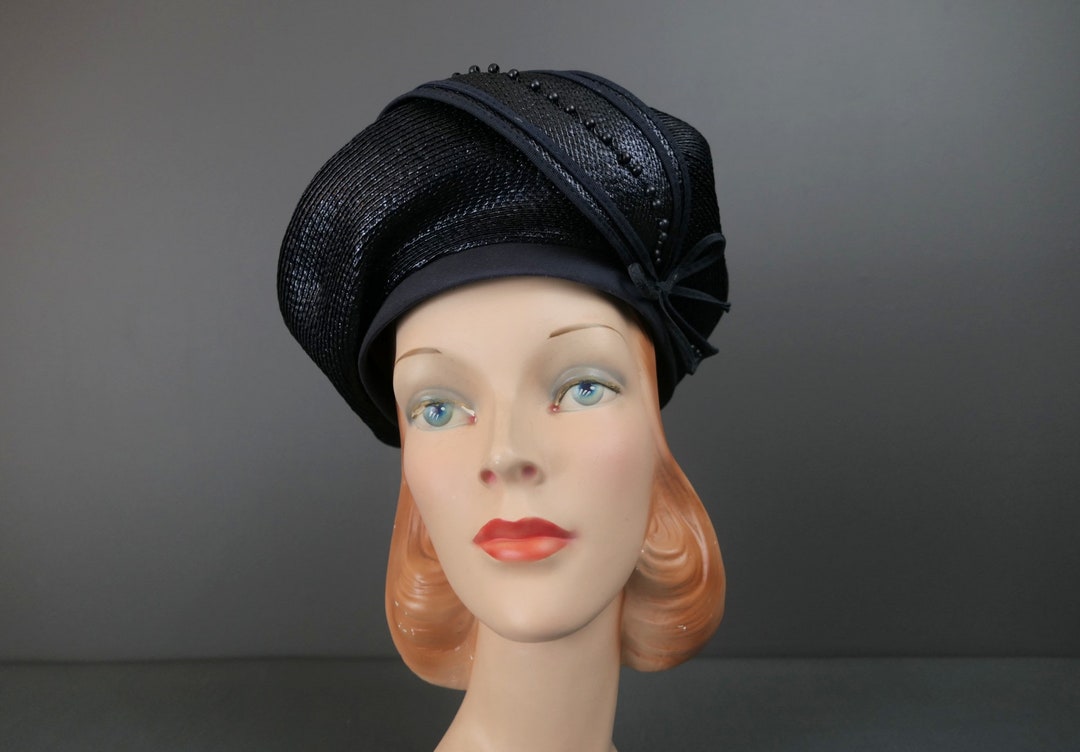 Vintage Dark Blue Straw Hat With Trim & Beads 1960s, Bellini, 22 Inch ...