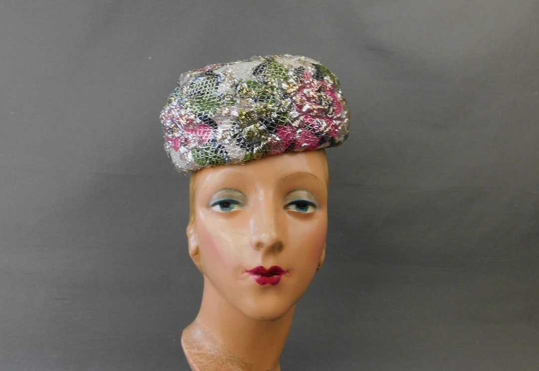 Vintage Silver & Pink Brocade Hat 1960s, 21 Inch Head, Evening Pillbox ...
