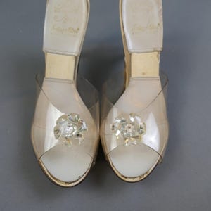Vintage Springolators Mules, Carved Lucite Heels, Clear & Rhinestones ...
