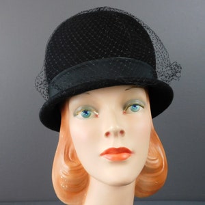 Vintage Black Felt Hat With Tall Rounded Top, Netting and Vinyl Trimmed ...