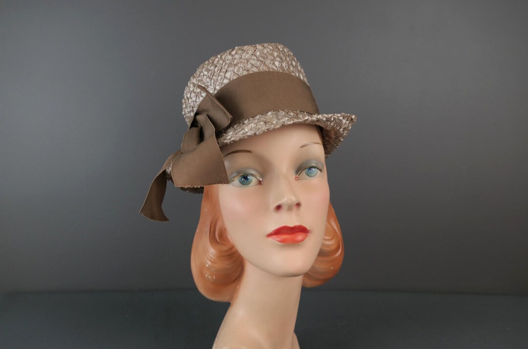 Vintage Light Brown Straw Hat Ladies Fedora Style, 1960s, 21 Inch Head ...