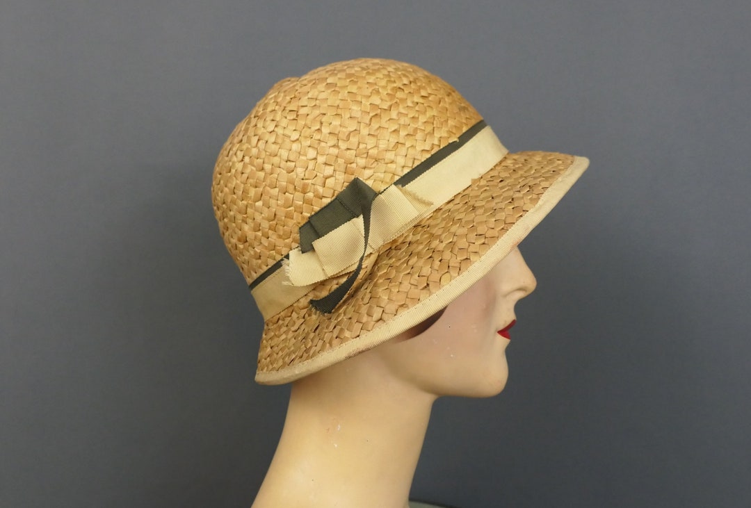 Vintage 1920s Straw Cloche Hat With Ribbon Trim 21 Inch Head - Etsy