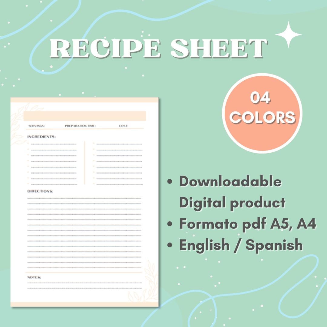 Recipe sheet printable /Ficha de receta imprimible - Etsy España