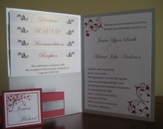 Pocket Wedding Invitation Elegant Flourish Silver & Red Sample RACHEL ...