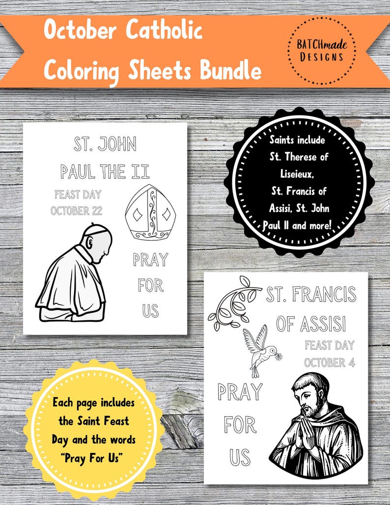 October Catholic Coloring Page Bundle| Printable Saints & Prayers ...