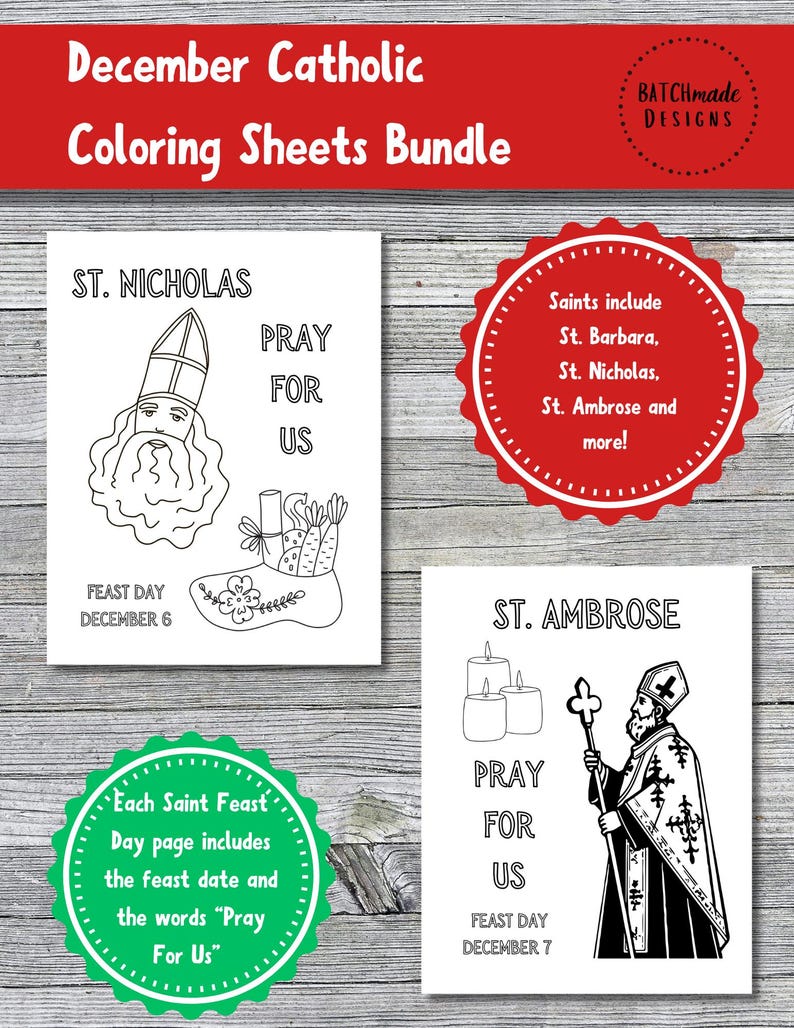 December Catholic Coloring Page Bundle| Printable Saints & Prayers ...