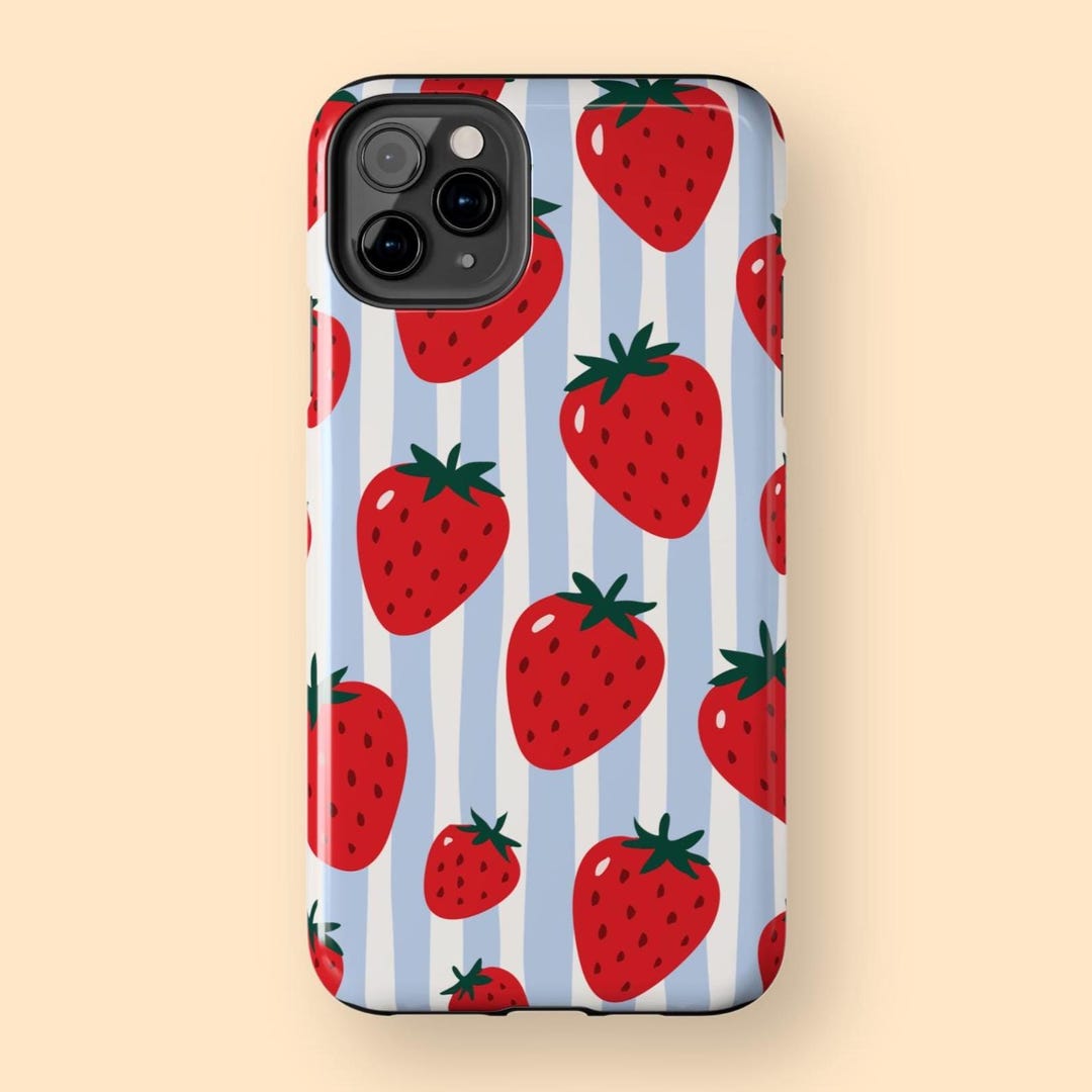 Strawberry Phone Case | Red Fruit Pattern | Blue & White Stripes ...