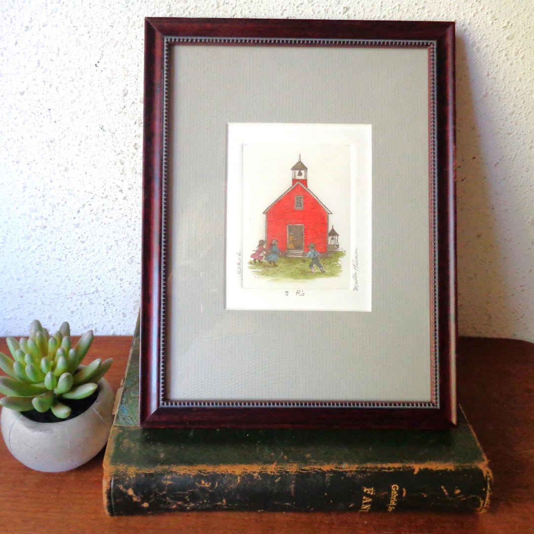 Vintage Art Print, Red School House Etching, Signed Martha Hinson - Etsy