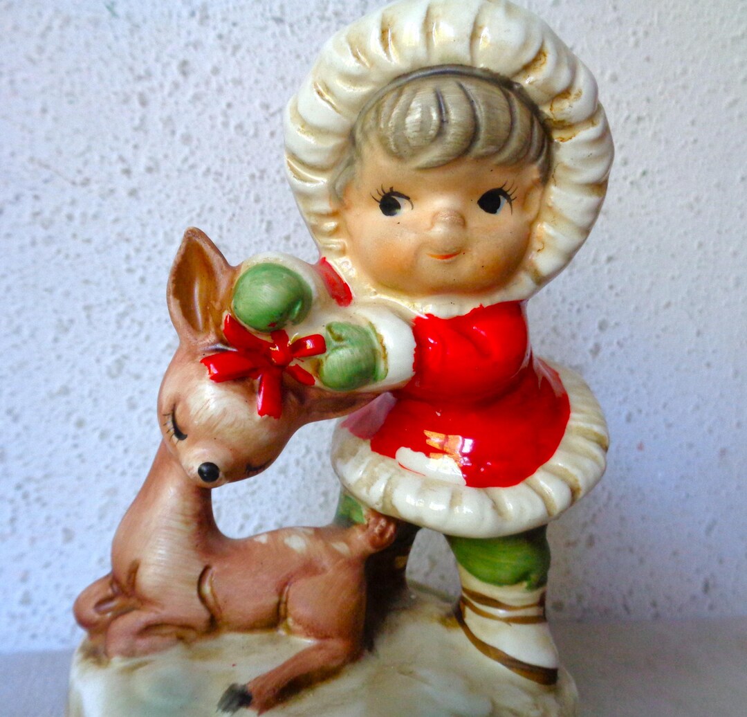 Vintage Lefton Music Box Figurine Christmas Girl and Deer - Etsy