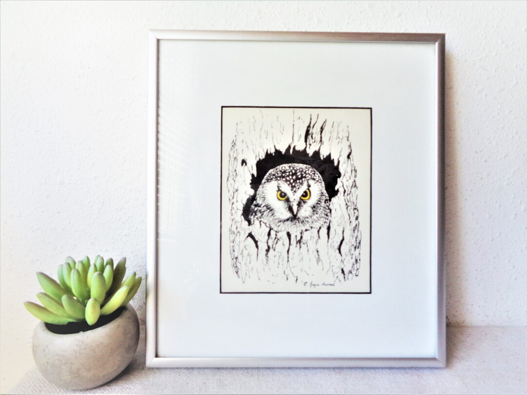 Vintage Art Print Pen and Ink Owl Framed Artist Signed - Etsy