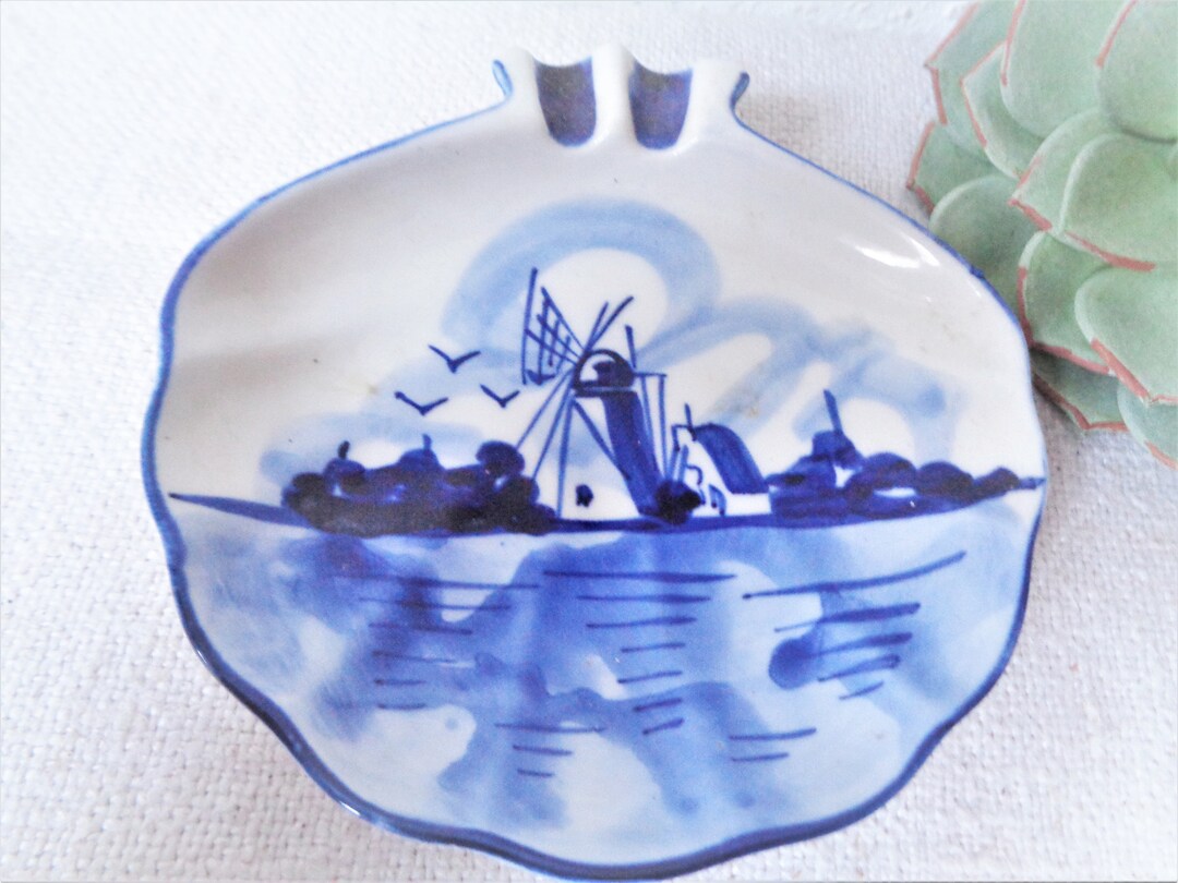 Vintage Dutch Delft Windmill Blue Seashell Dish - Etsy