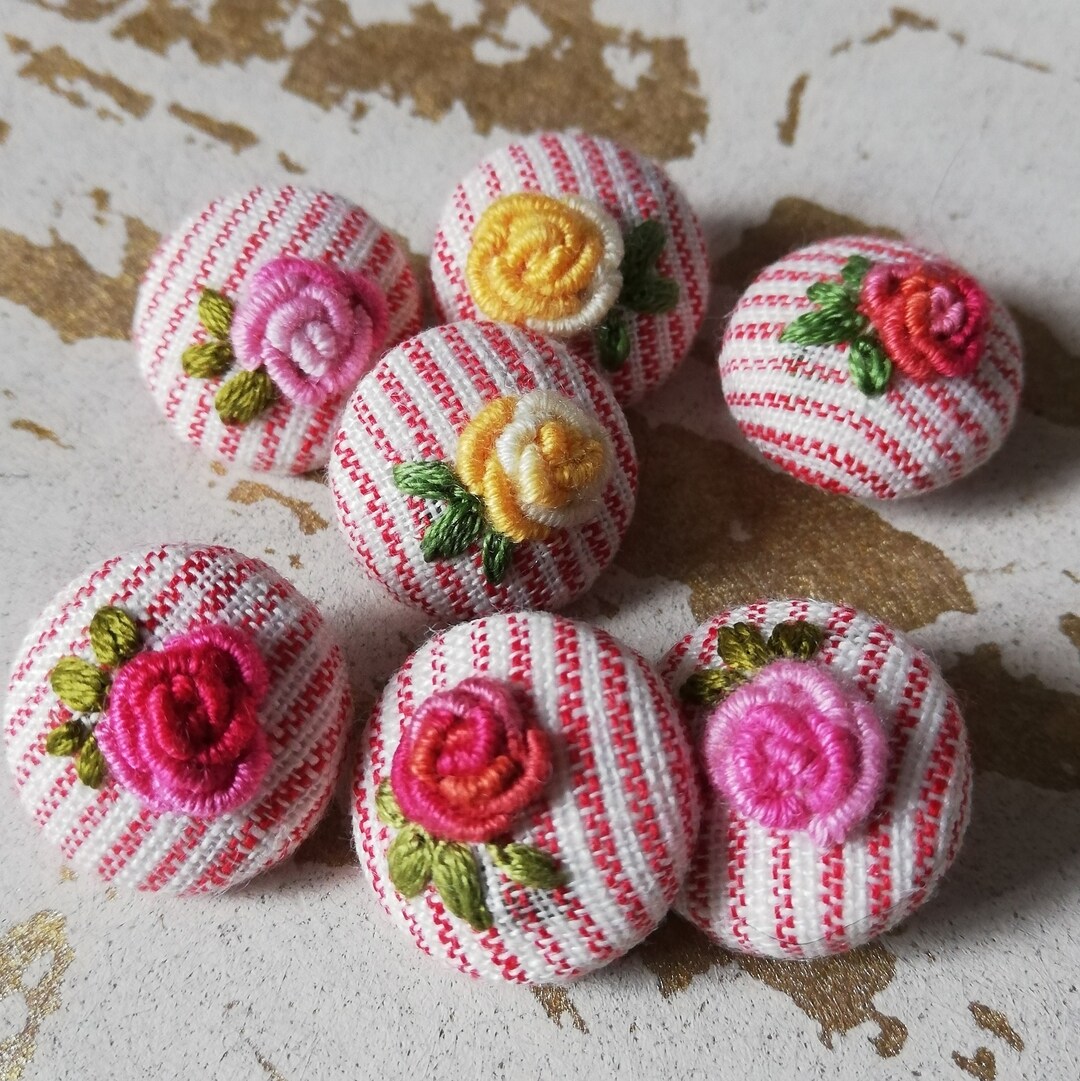 Mini Pin Brooch Striped Red Linen With Rose Embroidery - Etsy