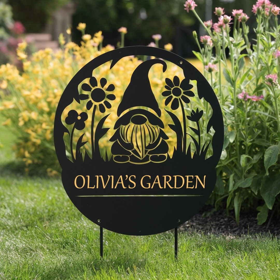 Welcome Gnome Metal Garden Sign, Custom Gnome Flower Garden Sign ...
