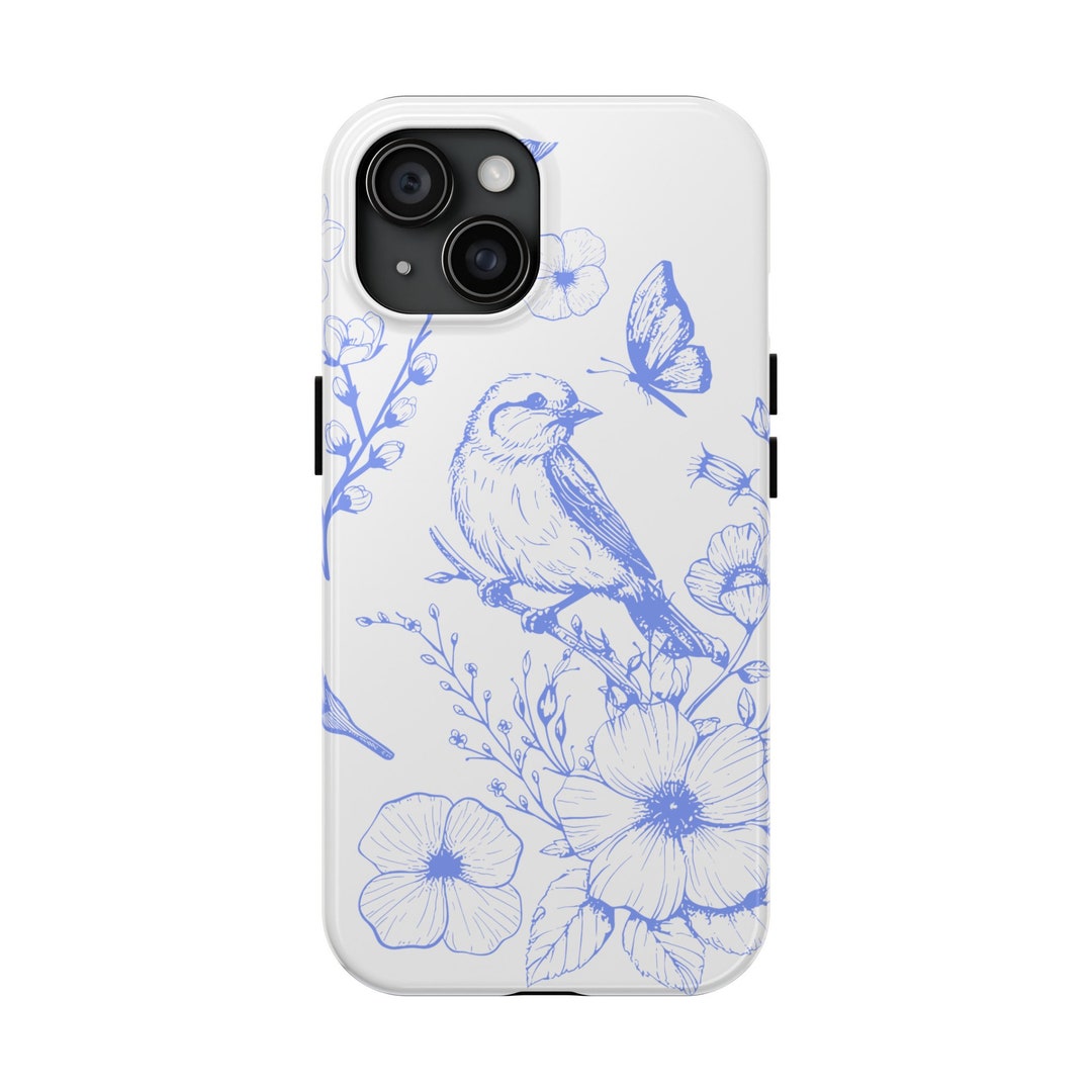 Toile Floral Bird Case, Blue White Botanical Design, Elegant Protective ...