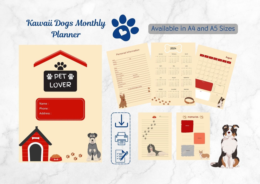 Kawaii Dogs Monthly Planner A4 A5 Pet Lover Monthly Planner Dog Lover ...