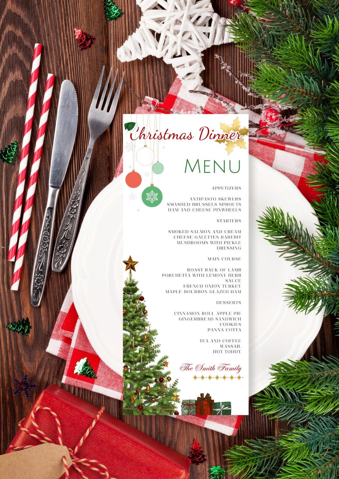 Editable Holiday Menu Card Featuring Charming Christmas Tree Design ...