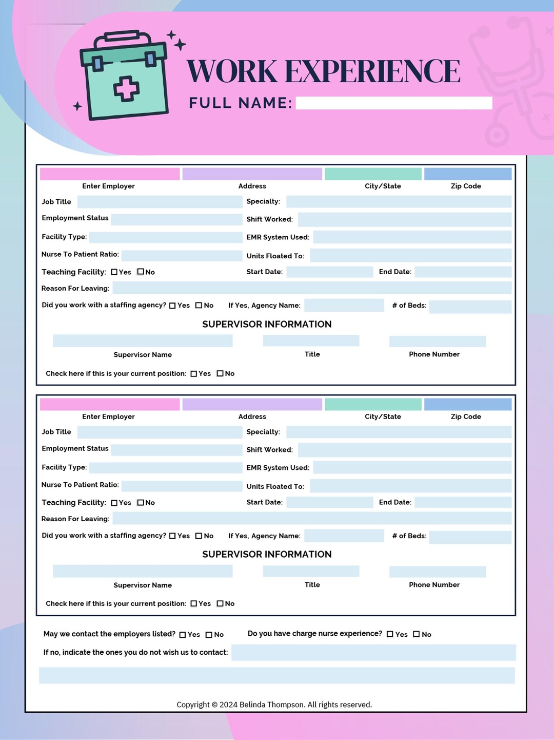 Work Experience Form | Digital PDF for Nurses - Etsy