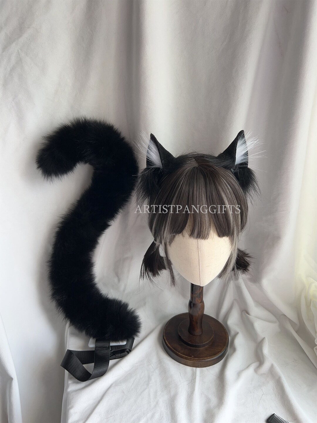 Black Cat Ears and Tail, Black White Cat Ears Headband, Black Cat Tail ...