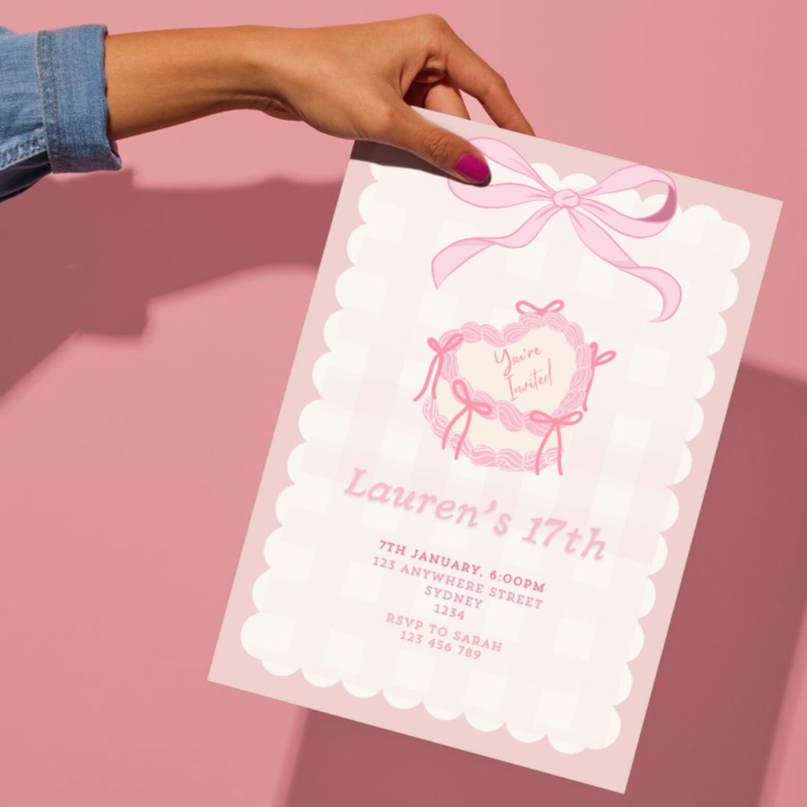 Editable Coquette Invitation Template - Pink Bow Custom Heart Cake ...