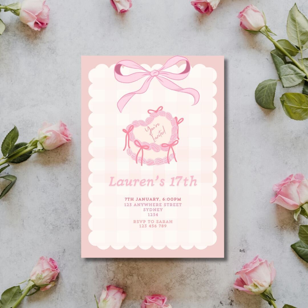 Editable Coquette Invitation Template - Pink Bow Custom Heart Cake ...