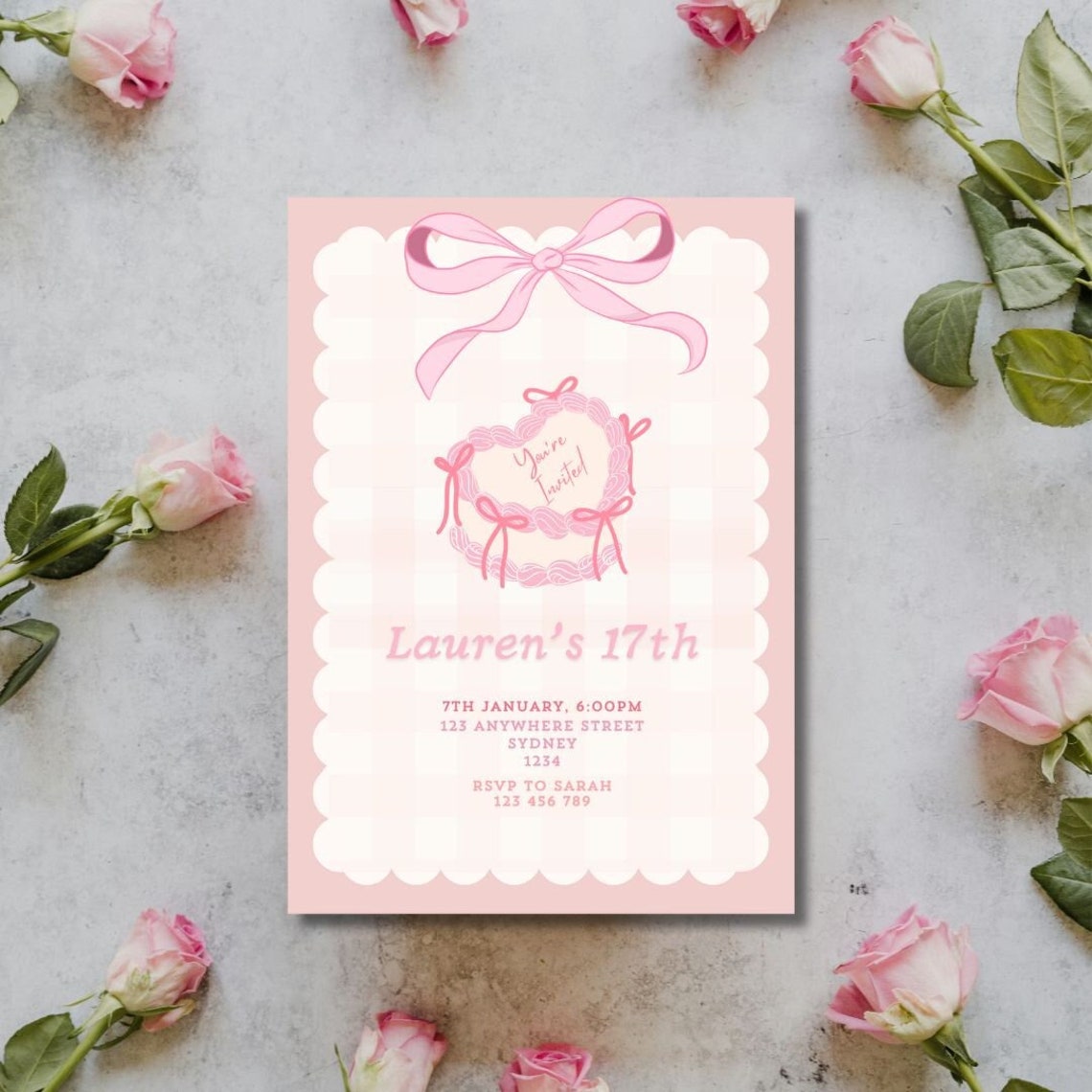 Editable Coquette Invitation Template - Pink Bow Custom Heart Cake ...
