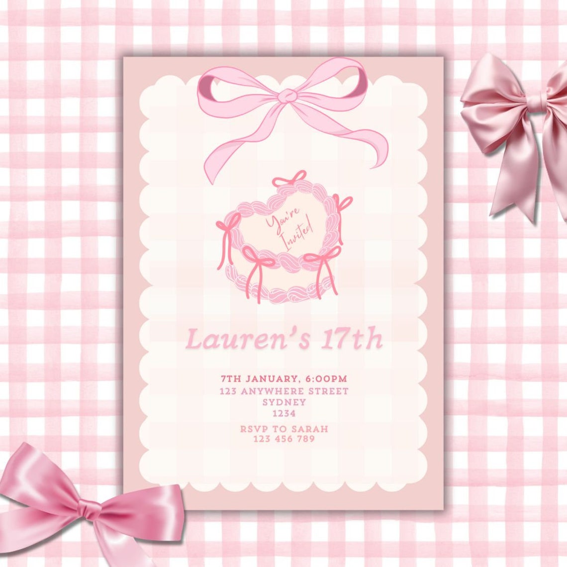 Editable Coquette Invitation Template - Pink Bow Custom Heart Cake ...