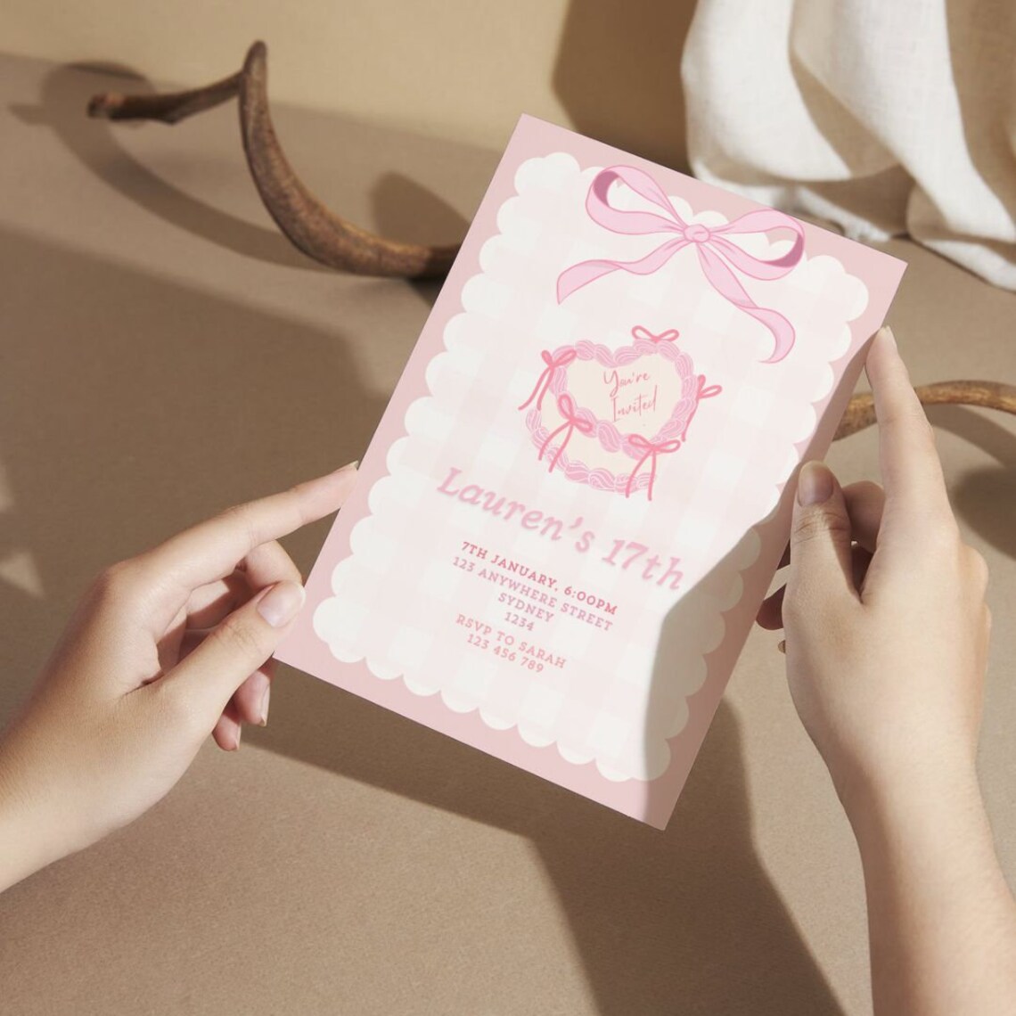 Editable Coquette Invitation Template - Pink Bow Custom Heart Cake ...