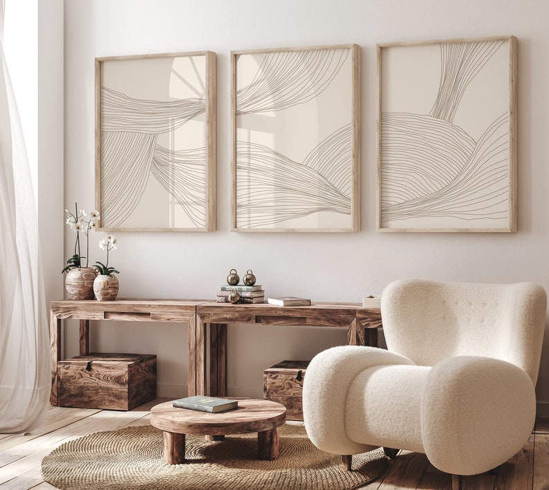 Neutral Abstract Art Prints Set of 3, Beige Tones Line Art, Boho Home Decor, Printable Modern ...