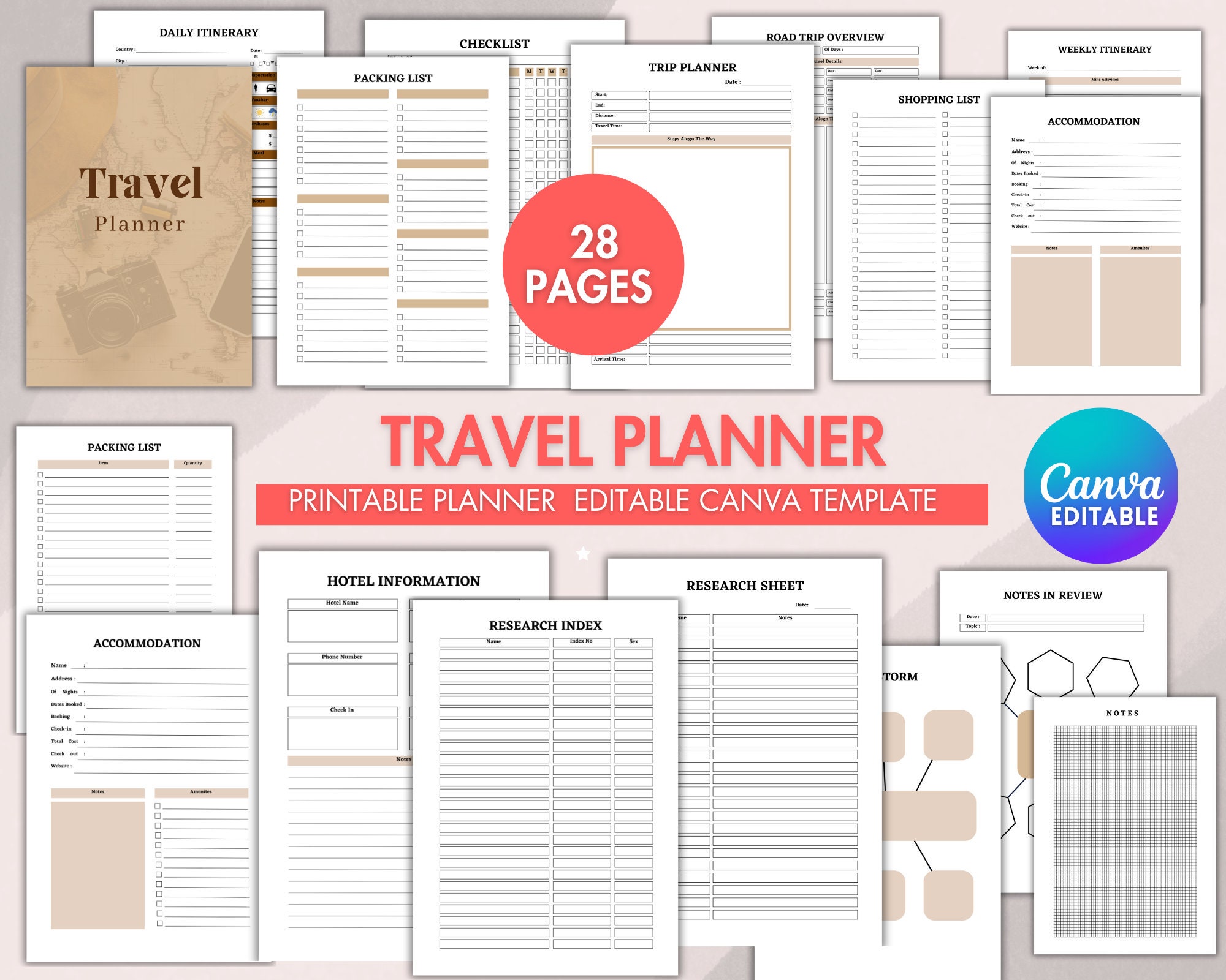 Editable Travel Itinerary Template, Trip Itinerary, Printable Travel ...
