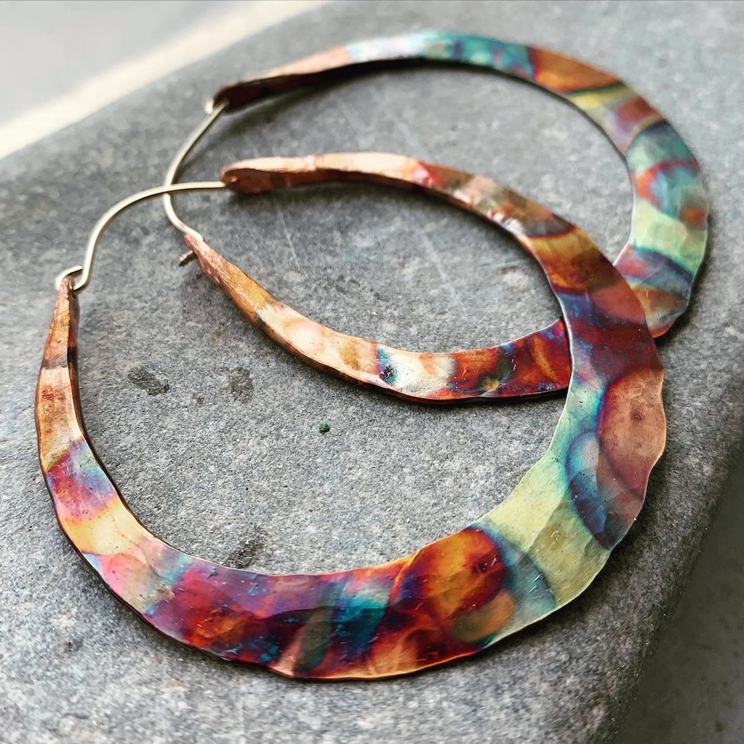 Copper Hoop Earrings / Rainbow Hoops / Hammered / Thick / Blade Hoops ...