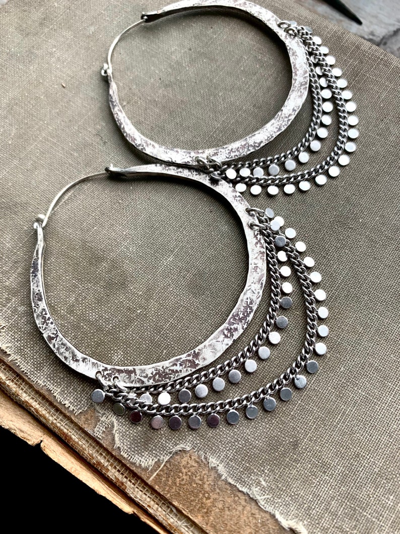 Sterling Silver Fringe Hoop Earrings / Large Hoops / Boho / | Etsy