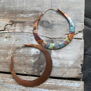 Copper Hoop Earrings / Rainbow Hoops / Hammered / Thick / Blade Hoops ...
