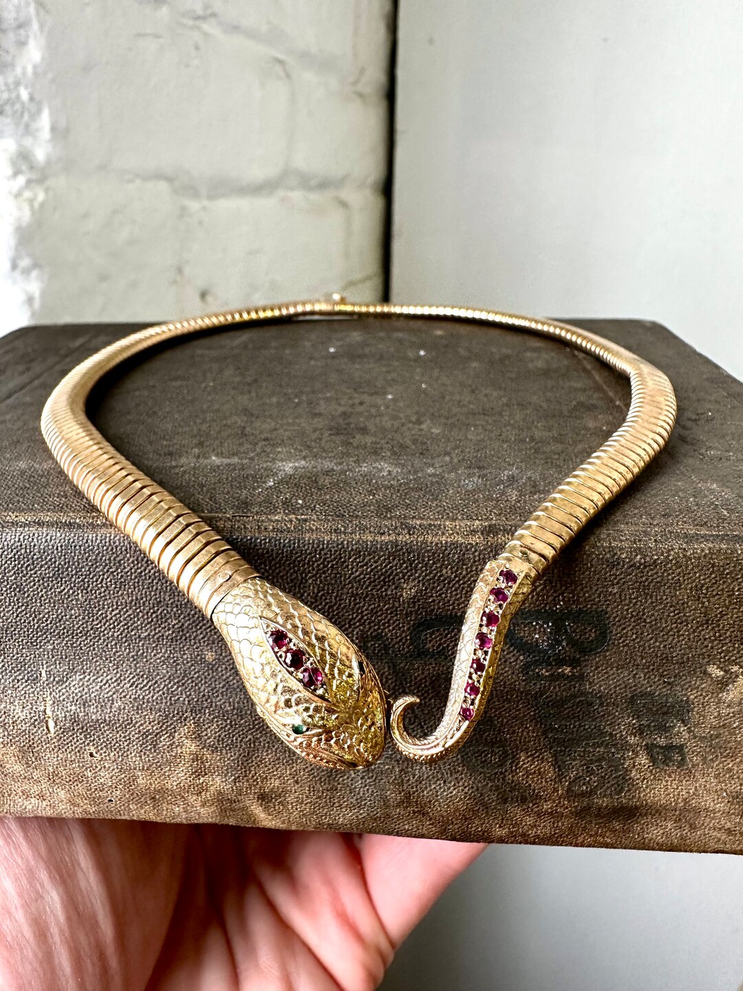 Vintage 9ct Gold Snake Collar / Genuine Gold Necklace / Ruby / Emerald ...