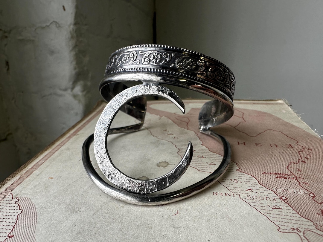 Handforged Sterling Silver Crescent Moon Cuff Bracelet, Celestial ...