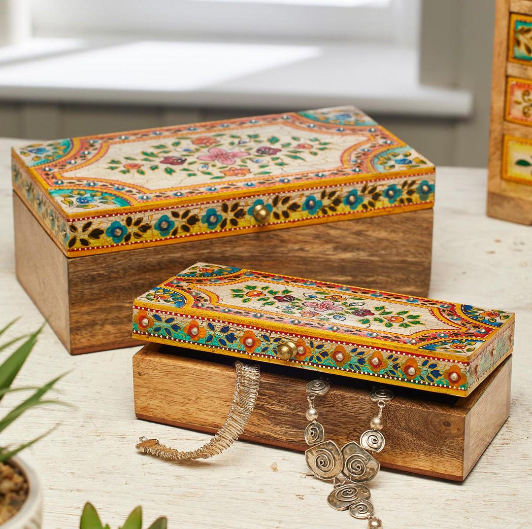 Handcrafted Mango Wood Boxes: Floral Lids, Gold Handles, Fair Trade ...