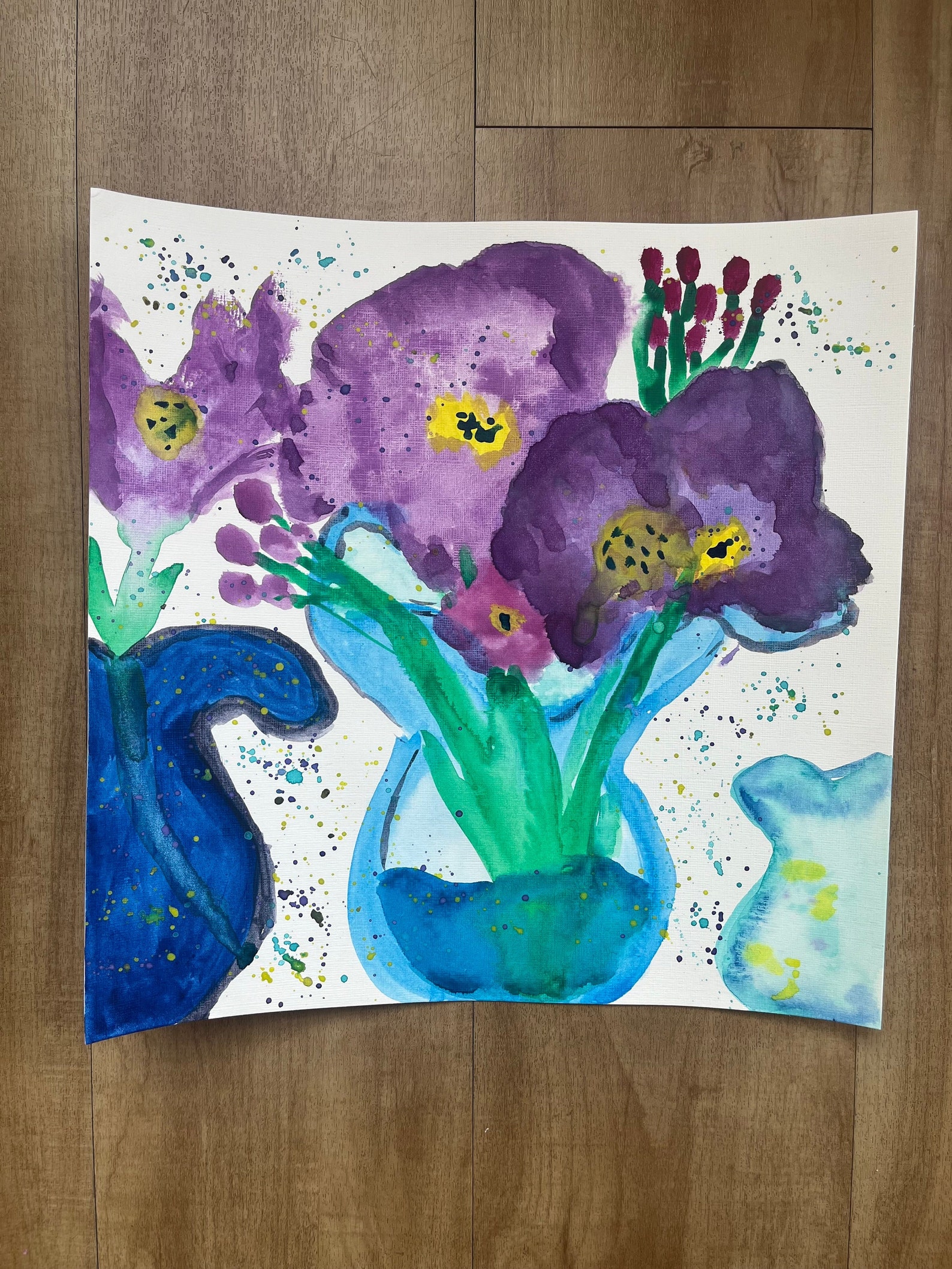 Original Watercolor Painting 'cerulean and Violets' 12x12 on Linen ...