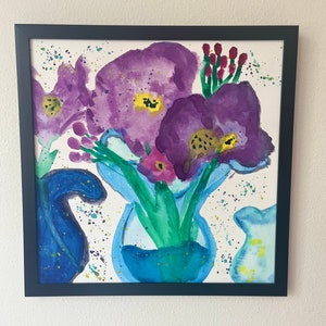 Original Watercolor Painting 'cerulean and Violets' 12x12 on Linen ...