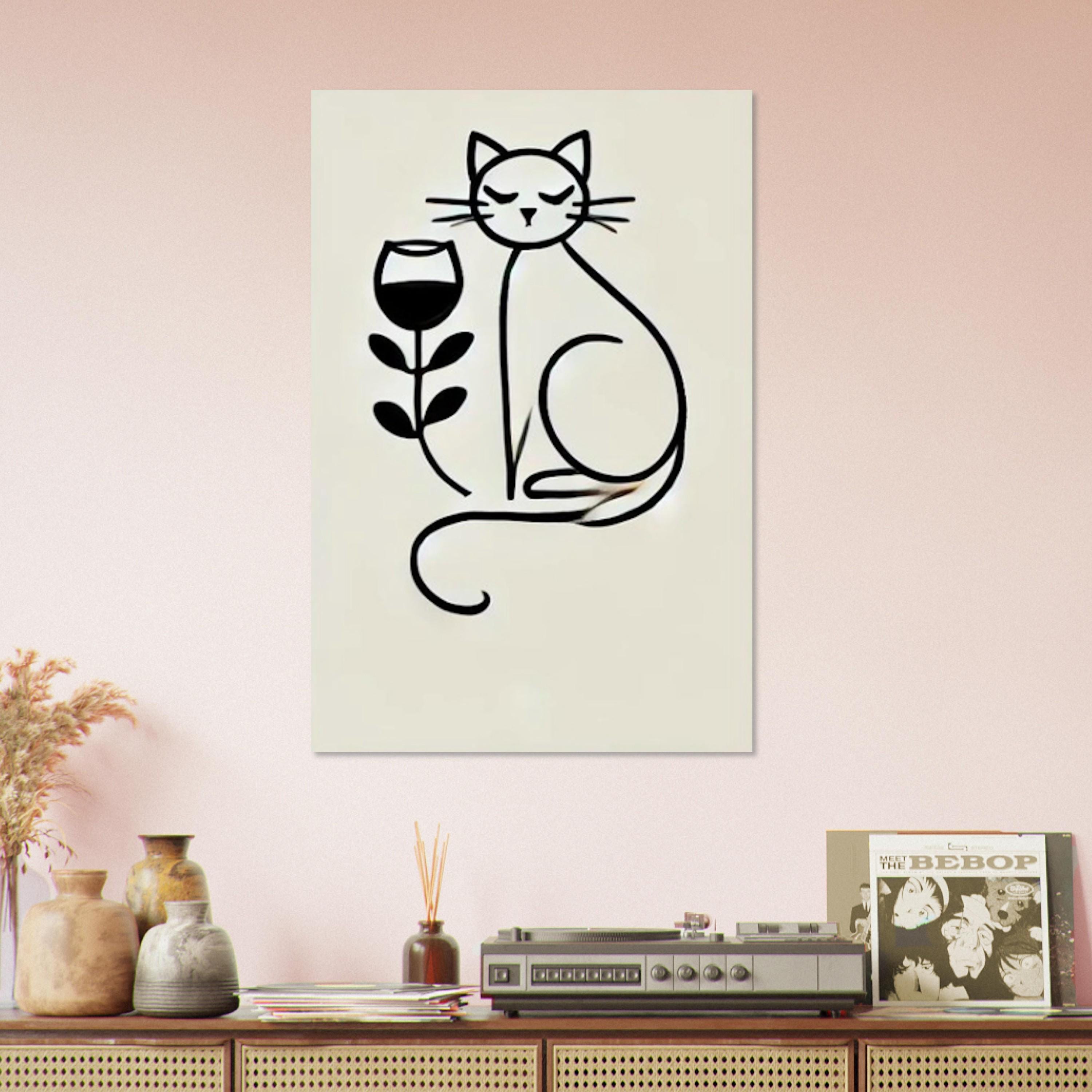 Minimalist Cat Print Cute Kitten Wall Decor Cat With Wine Glass Perfect ...