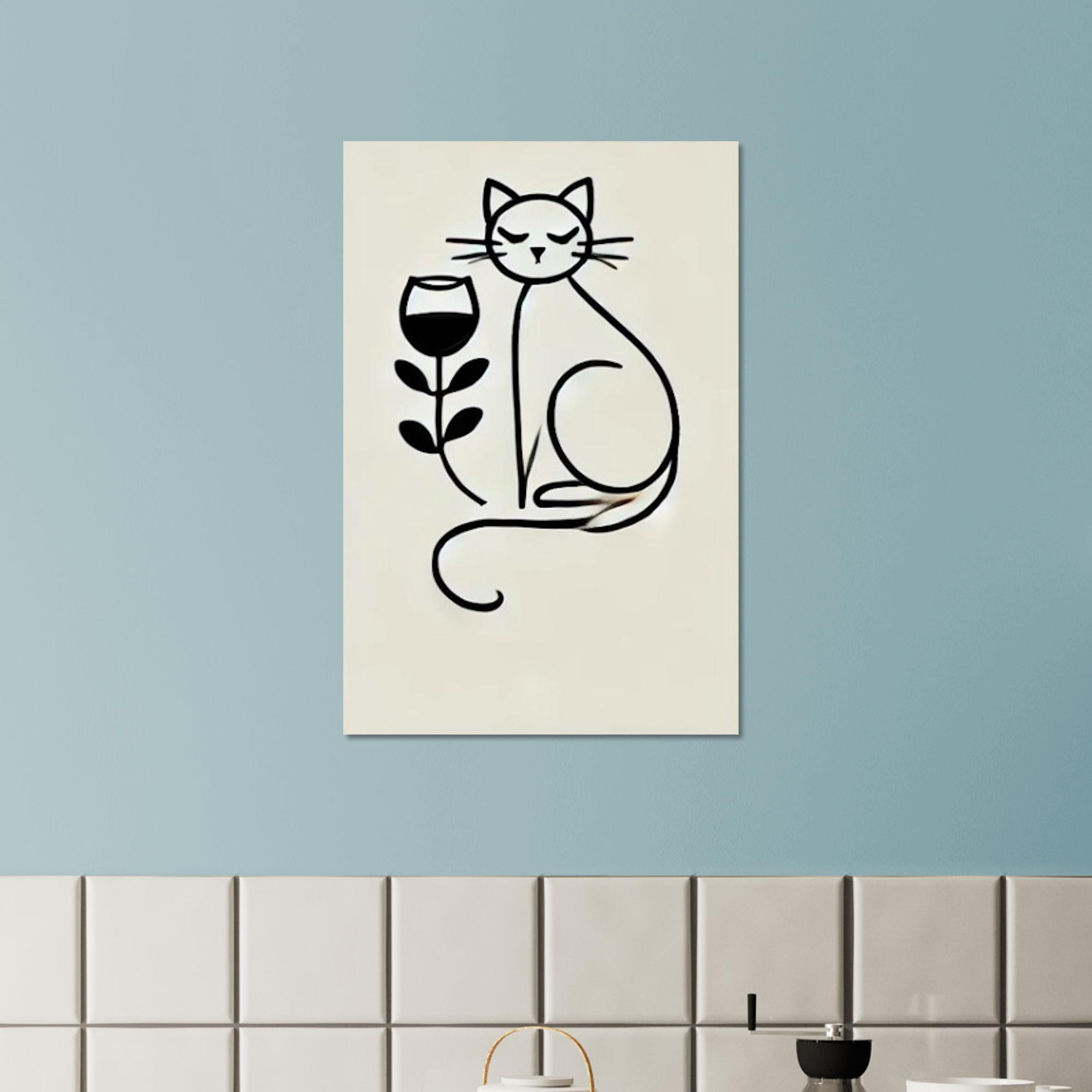 Minimalist Cat Print Cute Kitten Wall Decor Cat With Wine Glass Perfect ...