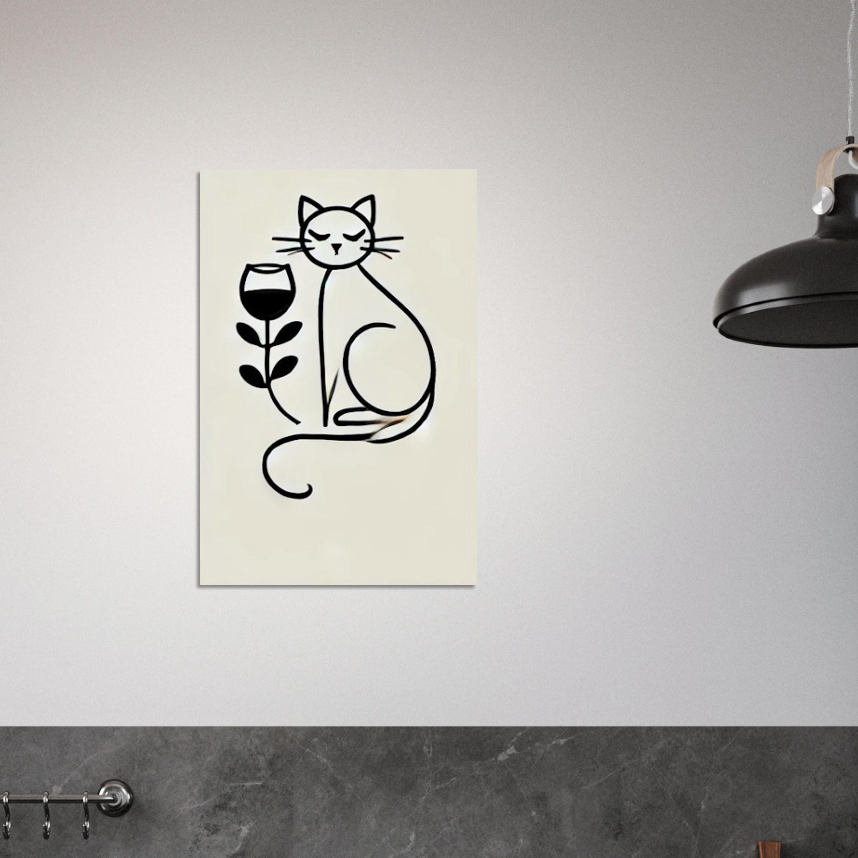 Minimalist Cat Print Cute Kitten Wall Decor Cat With Wine Glass Perfect ...