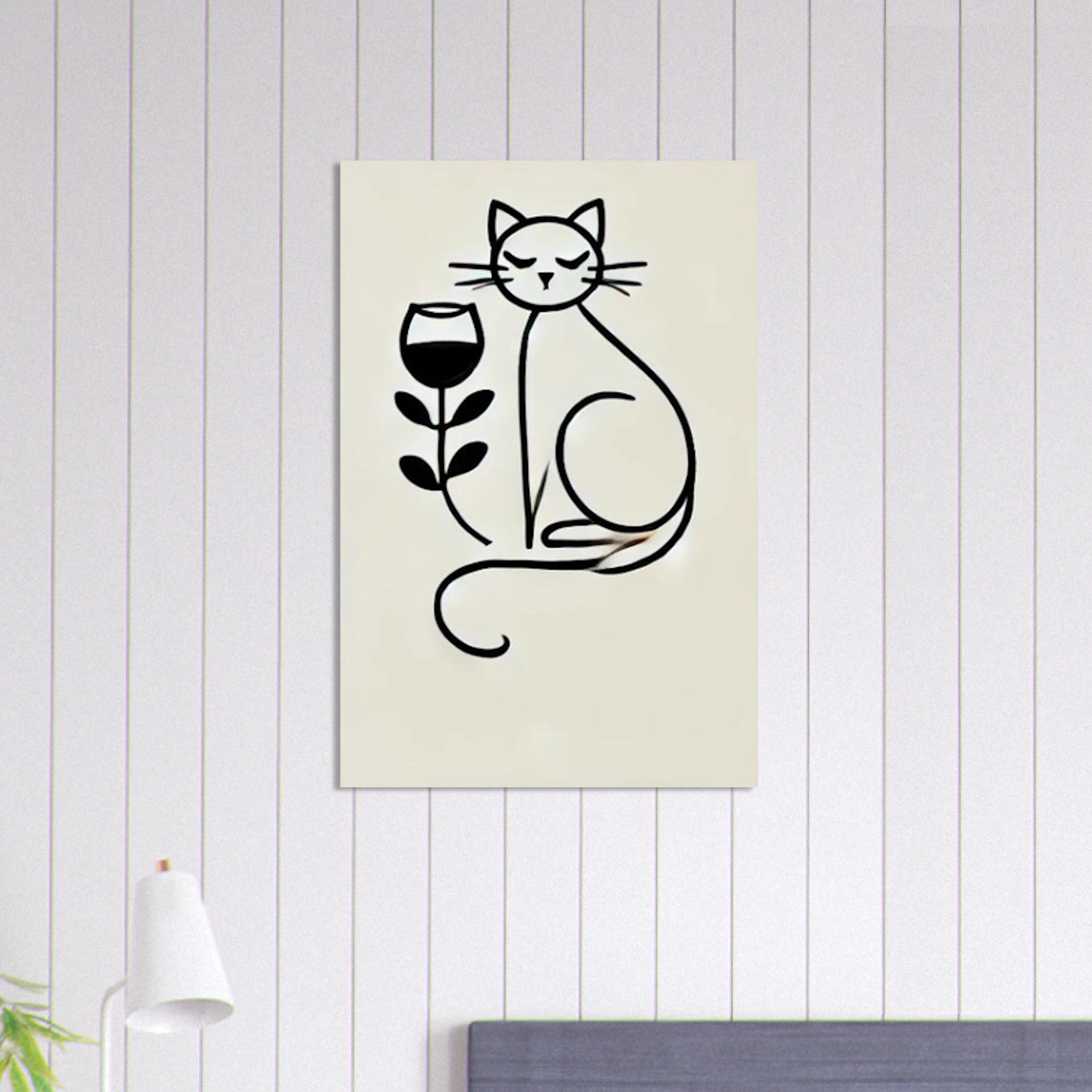 Minimalist Cat Print Cute Kitten Wall Decor Cat With Wine Glass Perfect ...