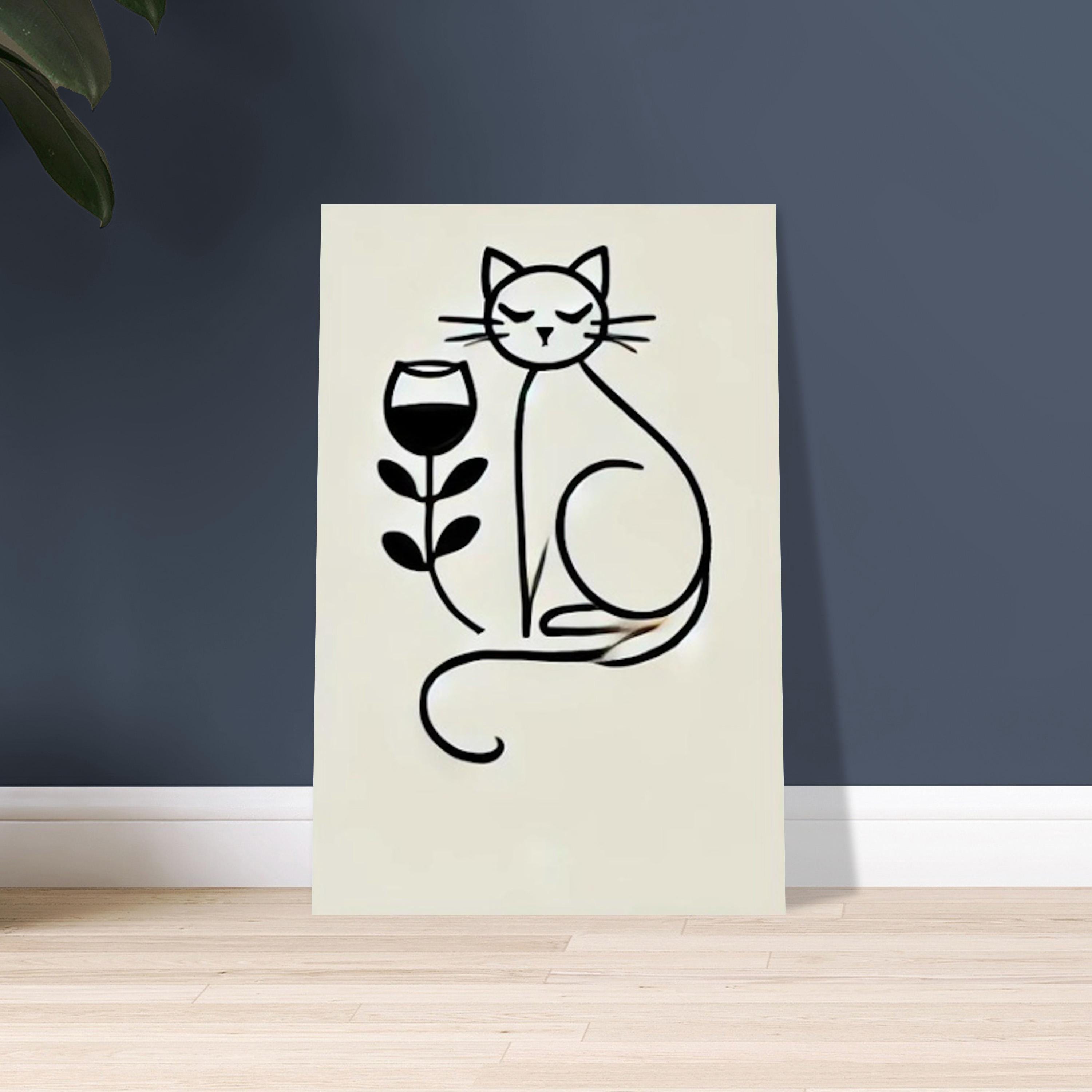 Minimalist Cat Print Cute Kitten Wall Decor Cat With Wine Glass Perfect ...