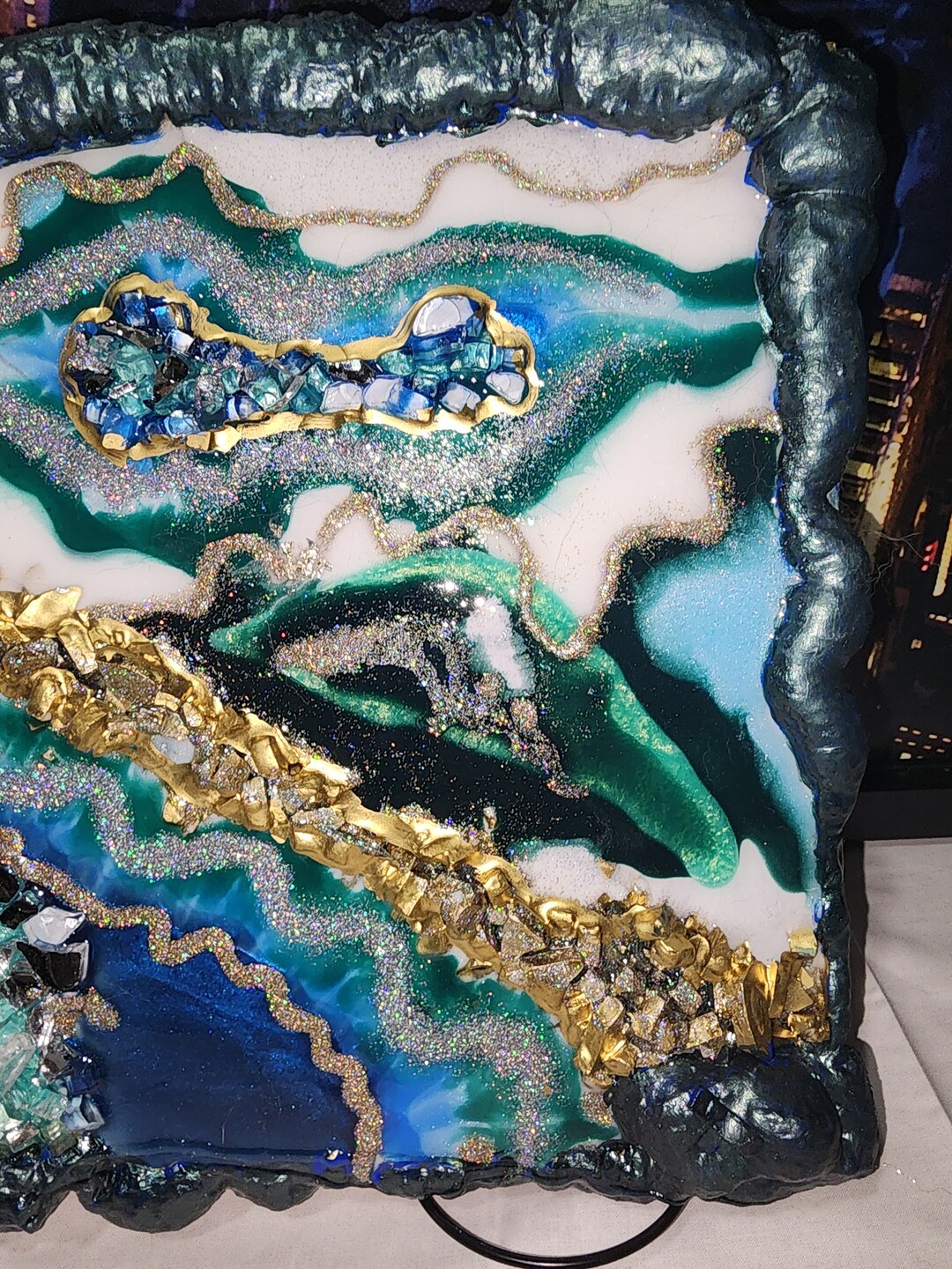 Epoxy Resin Art Painting - Green, Blue and Gold, Geode Style Wall Decor ...