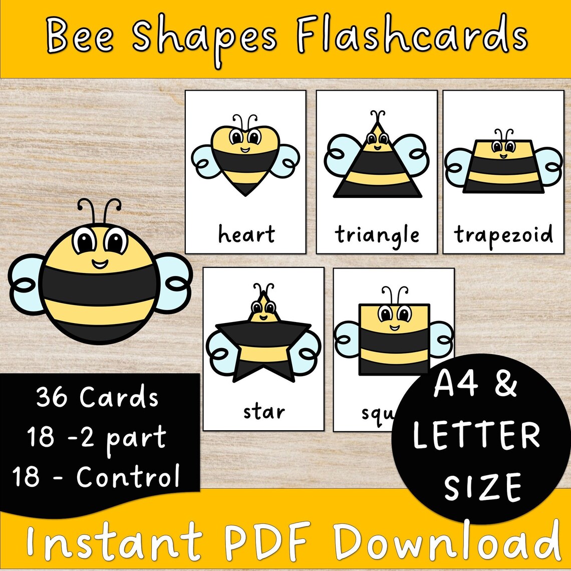 Bee 2D Shapes Flashcards: Montessori Learning Resource (PDF Download ...
