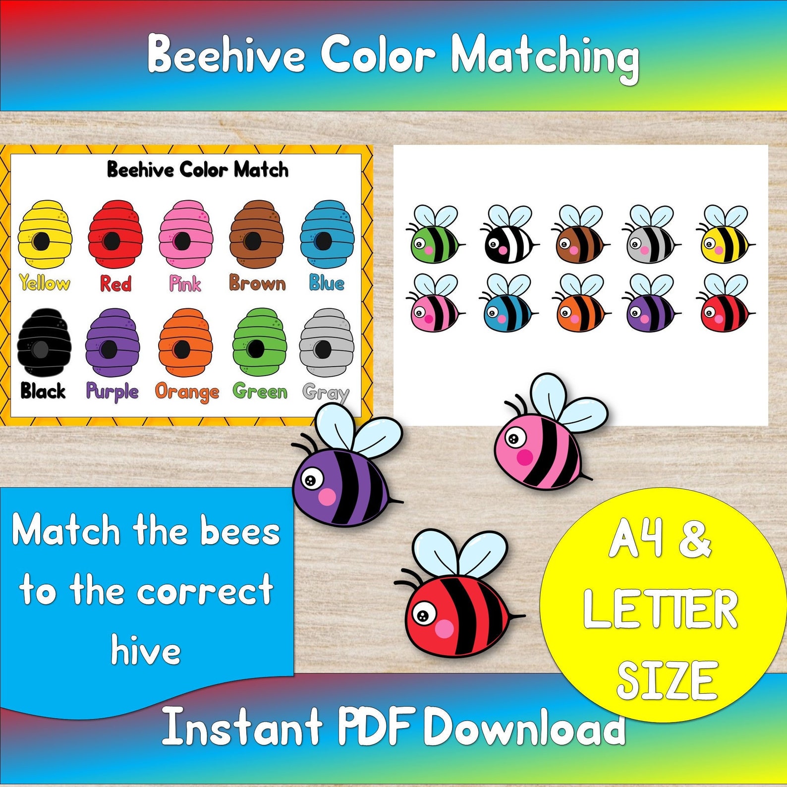 Beehive Bees Color Colour Match Game - Montessori Learning Teaching ...